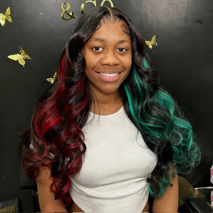 Black With Half Red Half Pastel Green Highlights Remy Human Hair Wigs
