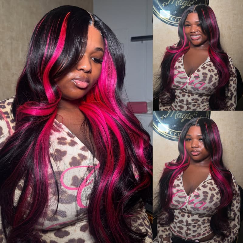 SWAY Black With Hot Pink Highlights Virgin Human Hair Wigs 200 Density