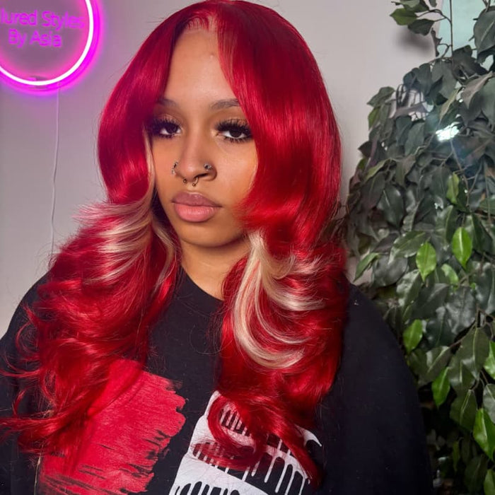 SWAY Burgundy Hot Red With Blonde Highlight Human Hair Wig 200 Density