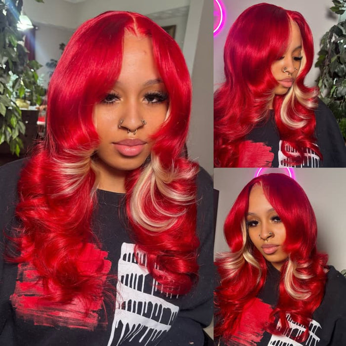 SWAY Burgundy Hot Red With Blonde Highlight Human Hair Wig 200 Density