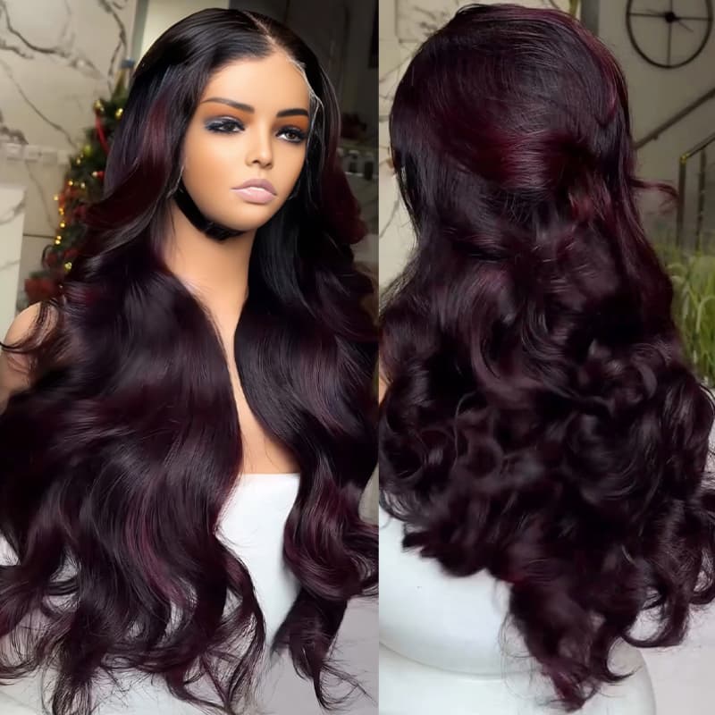 SWAY Burgundy Red Natural Wave Long wigs Remy Human Hair 300 Density
