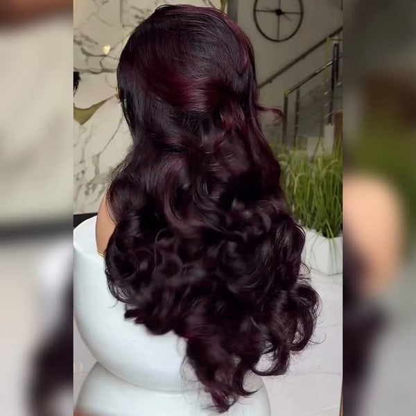 SWAY Burgundy Red Natural Wave Long wigs Remy Human Hair 300 Density