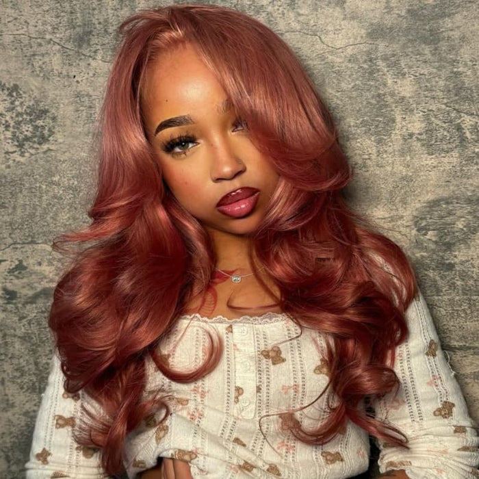 SWAY Luxury Dusty Rose Copper Auburn Red Human Hair Wigs 200 Density