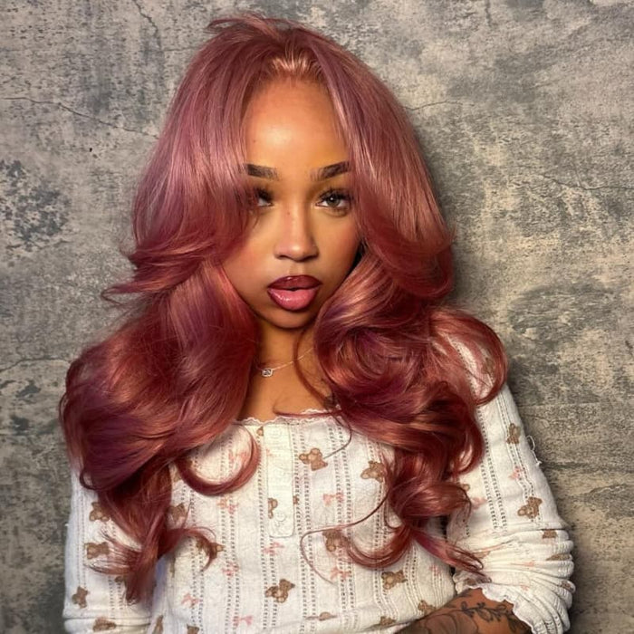 SWAY Luxury Dusty Rose Copper Auburn Red Human Hair Wigs 200 Density