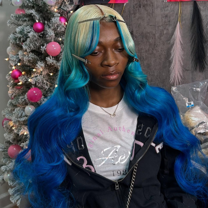 SWAY Ombre Blonde Blue Skunk Stripe Lace Front Virgin Human Hair Wigs