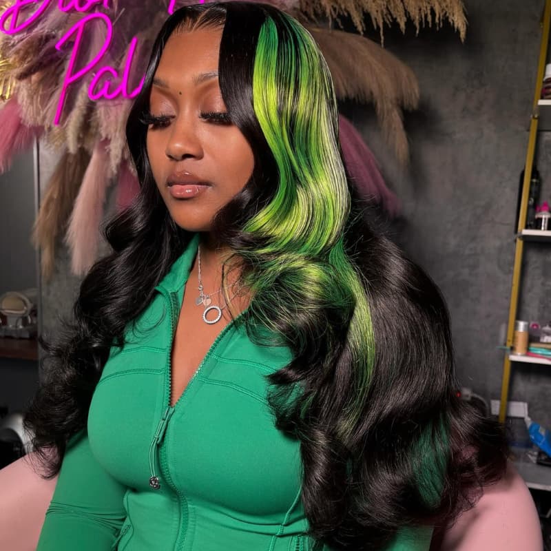 SWAY Black With Green Highlights 13x4 Lace Front Virgin Human Hair Wig