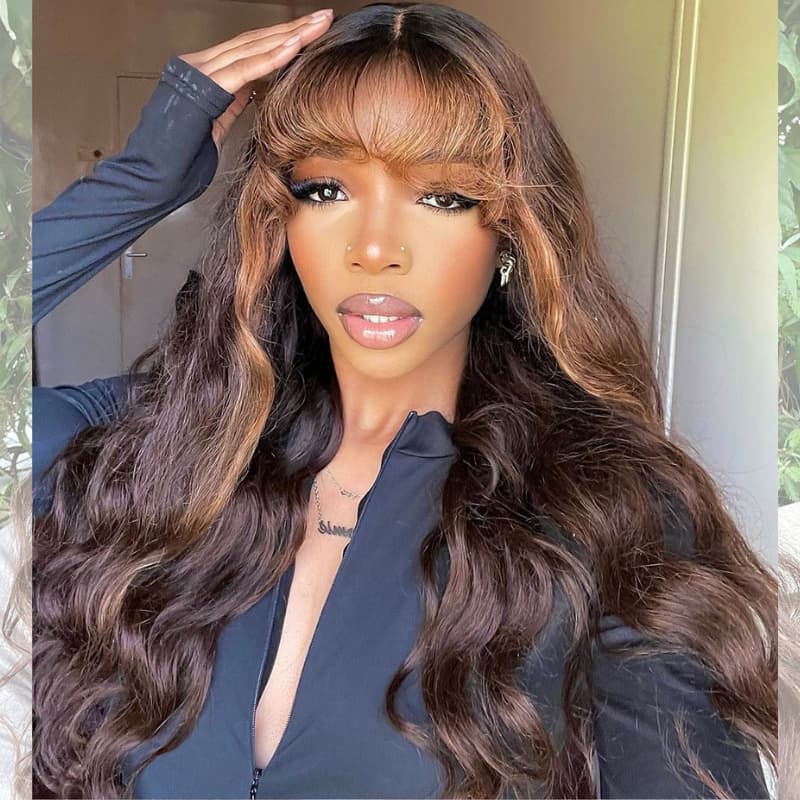 SWAY Black With Brown Highlight Bangs 13x4 Lace Front Human Hair Wigs