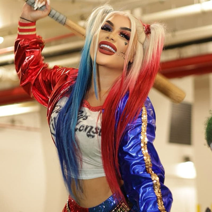 SWAY Halloween Ombre Blonde Half Blue Half Burgundy Red Human Hair Wig